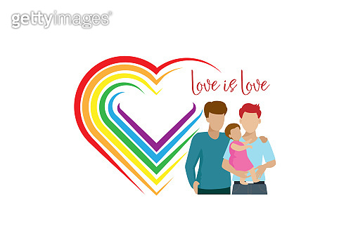 Happy gay couple holding adopted baby with love and LGBT rainbow color ...