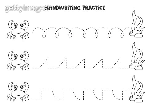 Tracing lines with cute crab and seaweed. Writing practice. (1356298182 ...