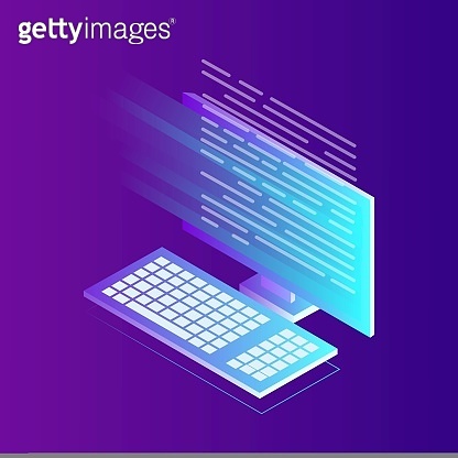 Software development, programming language, coding. Isometric computer with digital application ...