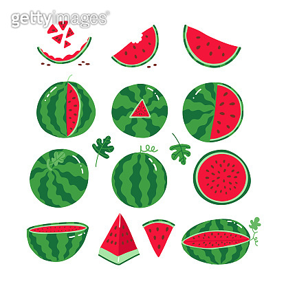 Ripe red watermelons. Whole and slices of watermelons collection. Set ...
