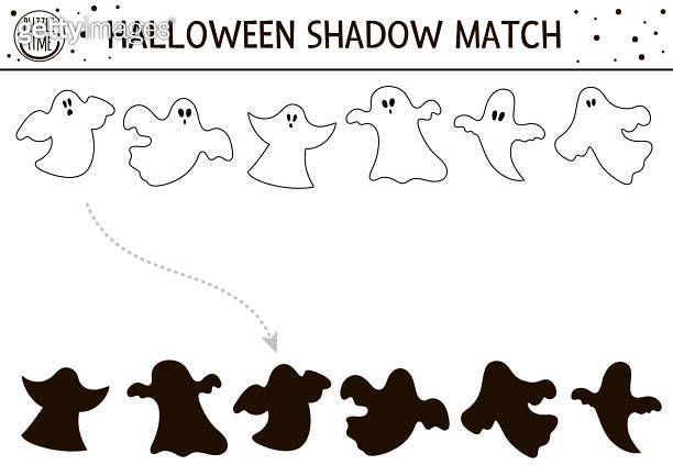 Halloween black and white shadow matching activity. Autumn line puzzle ...