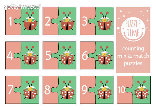 Vector spring mix and match puzzle with ladybug. Matching math ladybird ...