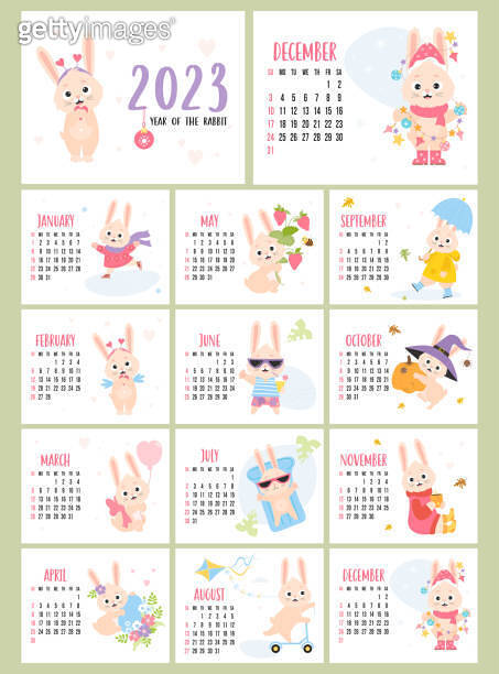 Annual monthly rabbit calendar 2023 with cute Easter bunny, halloween ...