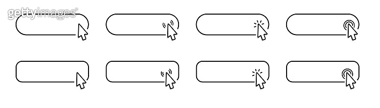 Click Here Web Buttons With Hand Cursor Set Of Action Button Click Here With Arrow Pointer