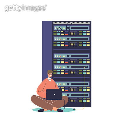 Sysadmin repairing and adjusting network connection. System administrator working with server ...