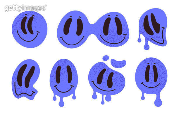 Cartoon blue emoji faces, smiling dripping characters. Cute comic book ...