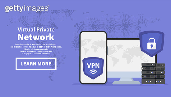VPN service. Laptop with secure VPN connection concept. Virtual private network. Cyber security ...