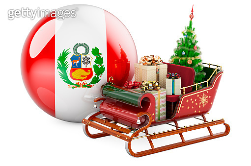 Christmas in Peru, concept. Christmas Santa sleigh full of gifts with ...