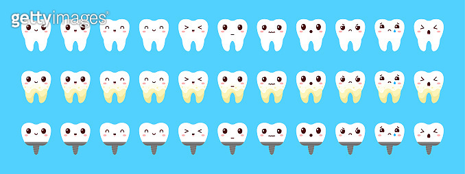 A set of teeth with emotions. Dentistry. Healthy teeth, plaque teeth ...