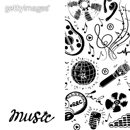 Template with elements of music, hand-drawn doodles in sketch style ...