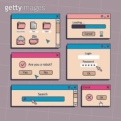A set of user interface elements, UI and UX themes. In the vaporwave style of the 80-90s, retro ...