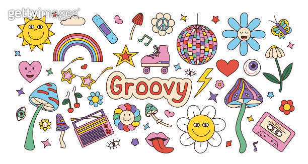 Retro groovy stickers. 70s disco. Rainbow and flowers. Hallucinogen ...