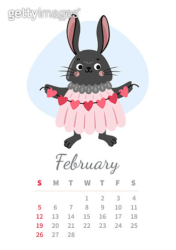 February 2023 calendar vertical page. Cute bunny girl holding heart ...