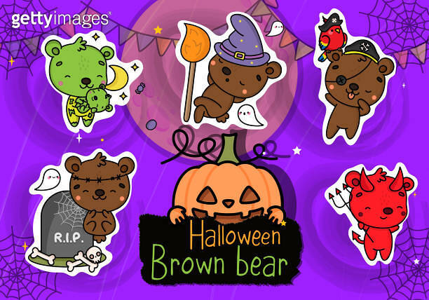 Cute Halloween Sticker Pack. Collection of Kawaii Halloween Brown Bear ...