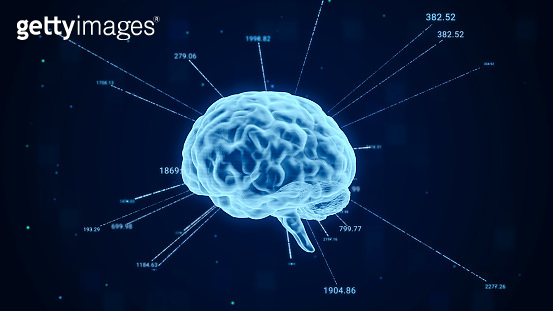 Human brain with data number analysis computation, neural network connections in digital ...
