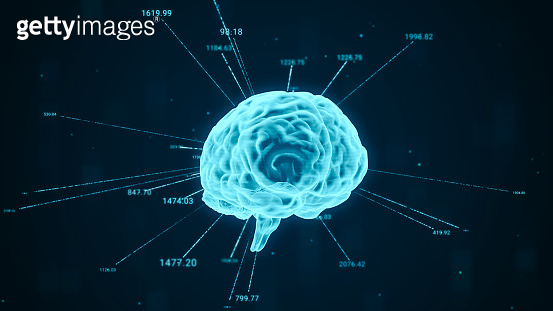 Human brain with data number analysis computation, neural network connections in digital ...
