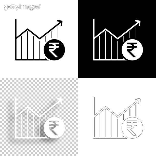 Growing graph with Indian rupee coin. Icon for design. Blank, white and black backgrounds - Line ...