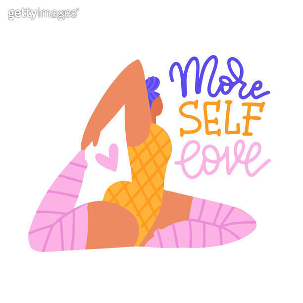 Body positive yoga. Cute plus size woman in pigeon pose. Hand lettering ...
