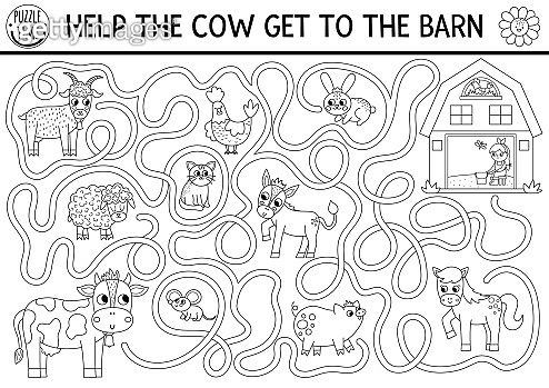 Black and white farm maze for kids with animals and cottage shed ...