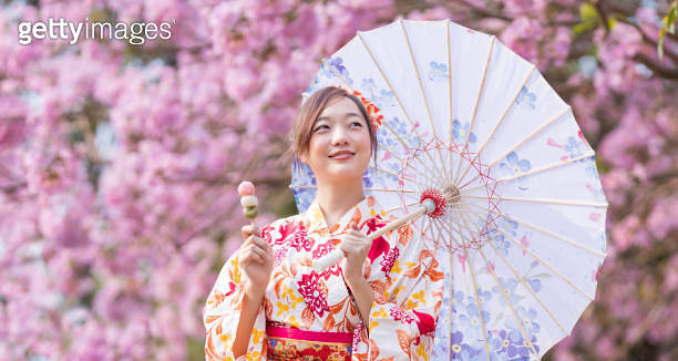 Japanese woman in traditional kimono dress holding umbrella and sweet ...