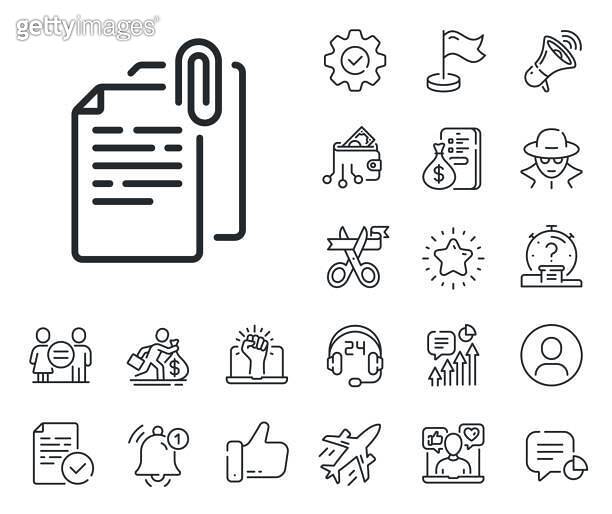 Document attachment line icon. File with paper clip sign. Salaryman, gender equality and alert ...