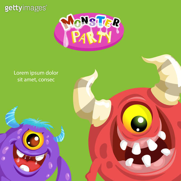 Monster Party banner design template. Cute cartoon monsters mascots ...