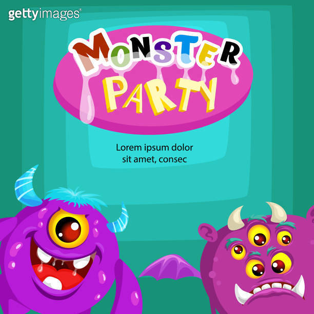 Monster Party banner design template. Cute cartoon monsters mascots ...