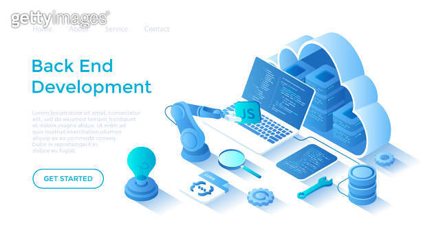 Back-end Development, Coding, Software Engineering, Programming languages. Server racks in the ...