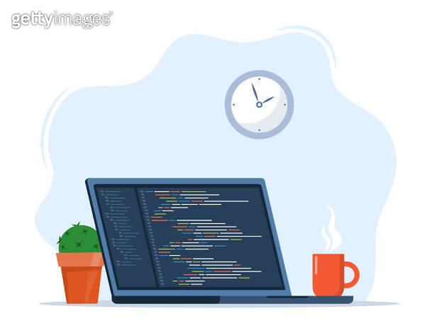 Laptop with cup of coffee and plant in pot. Workplace of coder, online programmer. Coding and ...