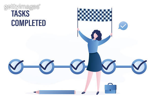 Businesswoman holds finish flag. Checklist with check marks. Concept of ...