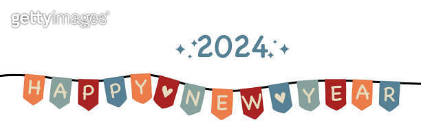 2024 Happy New Year. New Year’s banner with colorful pennant chain ...