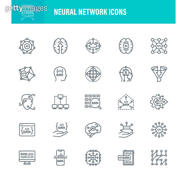 Neural Network Icons Editable Stroke. Contains such icons as Human Brain, Data Processing, Big ...