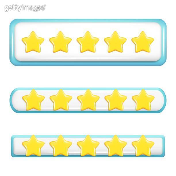 Realistic 3d rating feedback with 5 golden stars. Customer 3d glossy cartoon best quality review ...