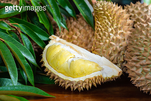 Durian riped and fresh ,durian peel with yellow colour on wooden table. (1454830447) - 게티이미지뱅크