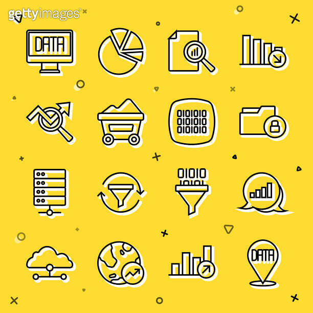 Set line Data analysis, Pie chart infographic, Folder and lock, Document with, Coal mine trolley ...