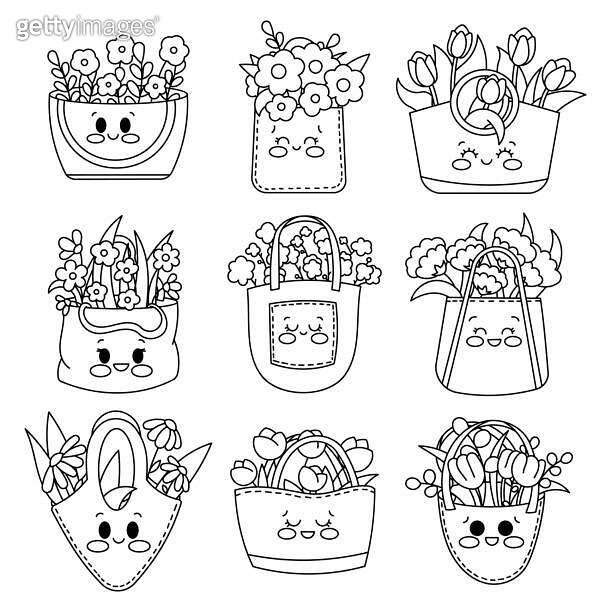 Kawaii cute bag with flowers, leaves and branches. Coloring Page. Fresh ...