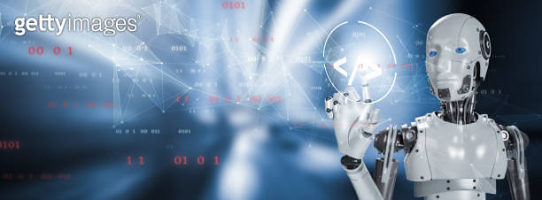 Robot working with digital display Internet connection controlled by AI robot humanoid,Code html ...