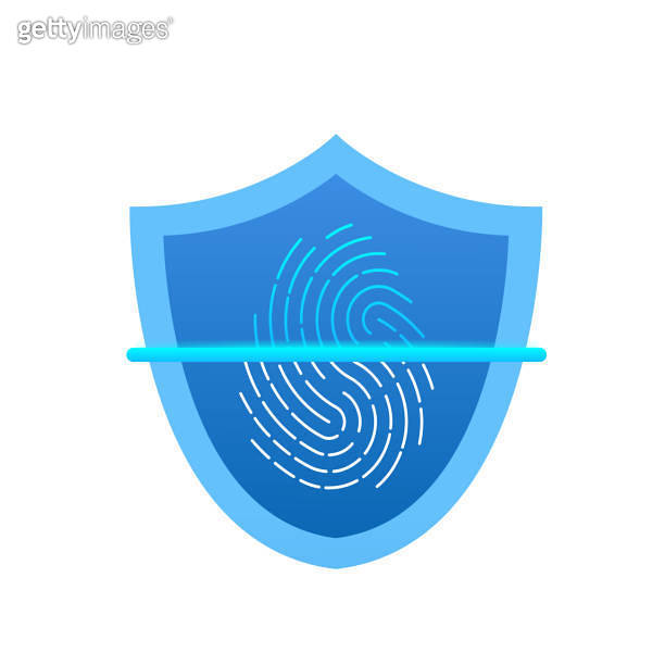Fingerprint scanner with a shield a white background. Biometric fingerprint password with ...