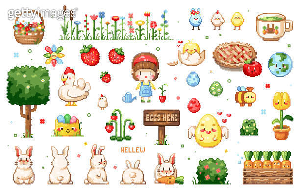Pixel art cute spring clip art pack. 8 bit vintage video game style ...