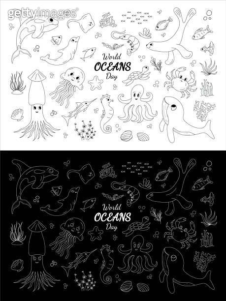 Sea animal black and white line. Vector illustration Ocean undersea ...