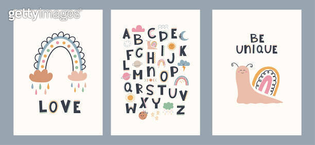 Cute hand drawn posters with rainbow, weather, education elements in ...