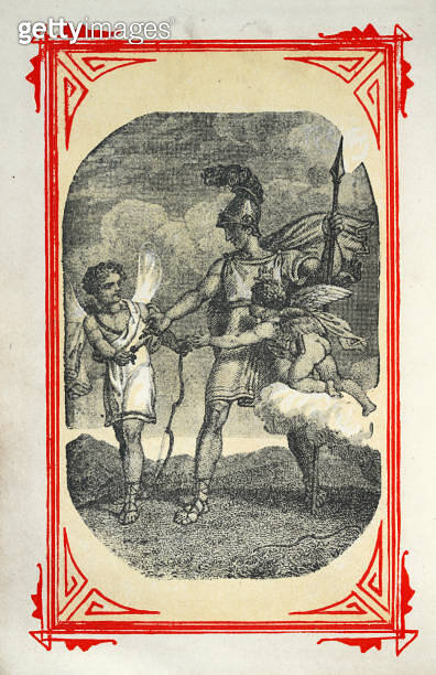 Vintage illustration Cupid and an ancient Greek Warrior, Mythology ...