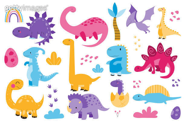 Cute dinosaurs set graphic elements in flat design. Bundle of childish ...