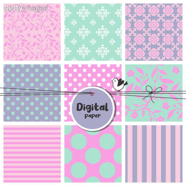 Digital papers, Set of seamless patterns, flowers, dots, stripes ...