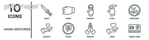 hand gestures outline icon set includes thin line knife, fingers, receiving, peace, care, credit ...