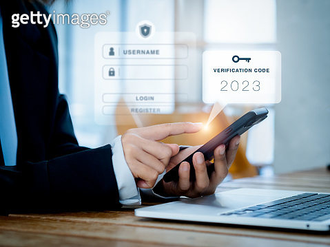 Two steps authentication (2FA) concept. 2023, Verification code and key icon alert on smart ...