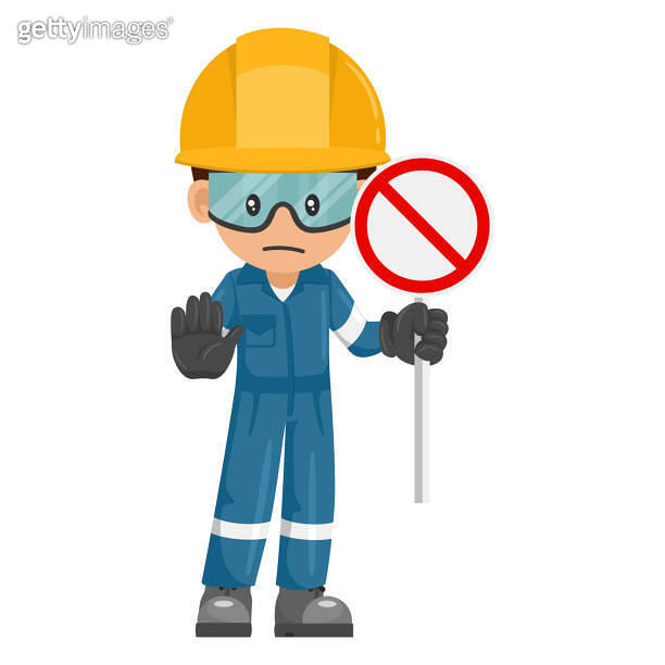 Industrial mechanic worker with prohibited sign making a stop sign. Engineer with his personal ...