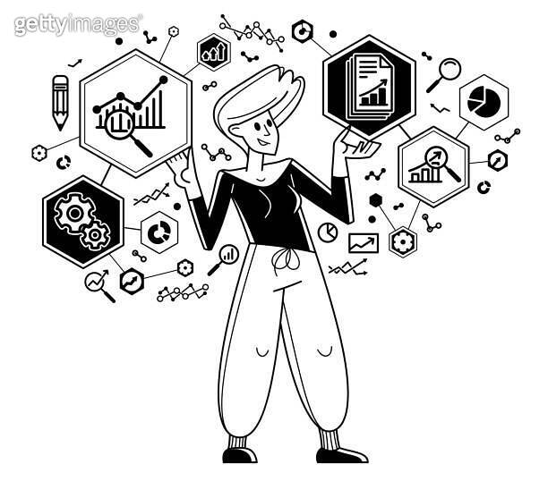 Worker Analyzes Some Data And Systematizing Information Vector Outline Illustration Abstract