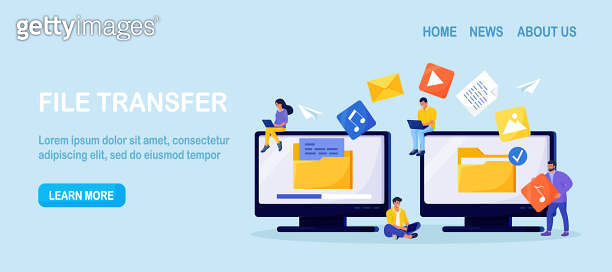 File Transfer. Two computers with folders on screen, transferred documents. Copy files, data ...