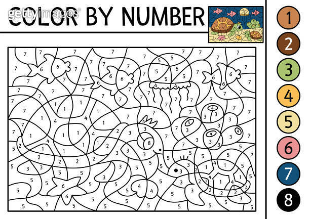 Vector under the sea color by number activity with turtle and baby ...